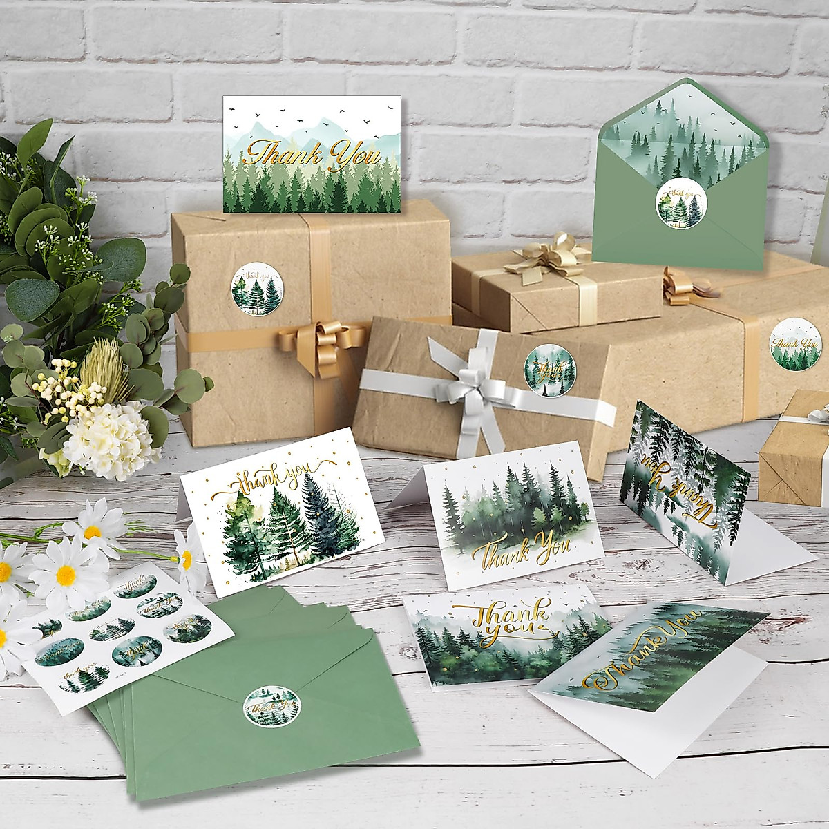 Konsait 24 Sheets Green Forest Thank You Cards with Envelopes, 6 Designs Watercolor Cards Pines Woodland Thank You Cards 4 x 6 in Thank You Cards Thank You Notes for Bridal Shower Wedding Baby Shower