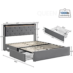 IDEALHOUSE Queen Bed Frame with 4 Storage Drawers and Charging Station, Grey Upholstered Bed Frame with Storage Headboard, No Box Spring Needed, Noise-Free