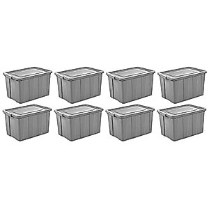 Sterilite Tuff1 30 Gallon Plastic Stackable Temperature and Impact Resilient Basement/Garage/Attic Storage Tote Container Bin with Lid, Gray (8 Pack)