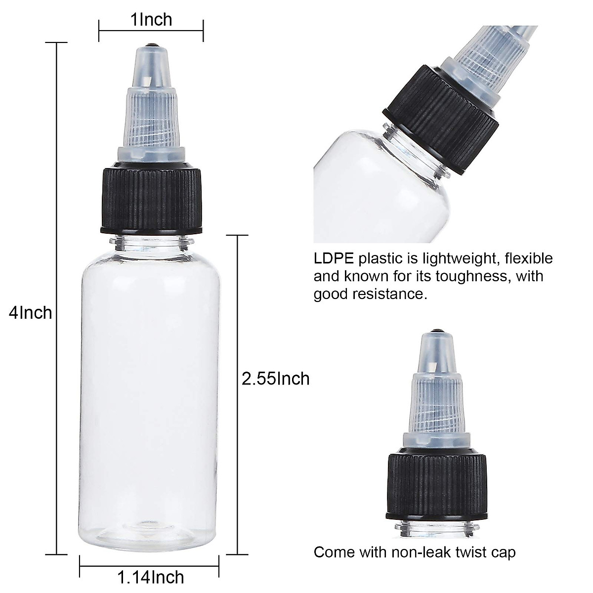 50 Pack 1oz Plastic Squeeze Bottles with Twist Top Cap, Boston Dispensing Bottles Small Sauce Bottle with Squeeze Top, Mini Condiment Squeeze Bottles for Paint, Tattoo Ink, Glue, Crafts, Liquids, Oil