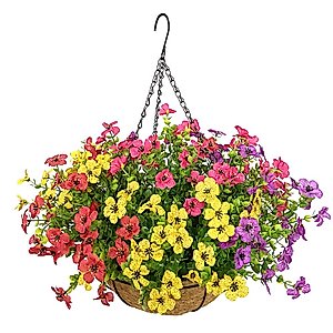 Lesrant Artificial Flowers in Basket,Artificial Hanging Baskets with Flowers for Outdoor Indoor Courtyard Decor,12 inch Coconut Lining Basket for Patio Garden Porch Deck Decoration