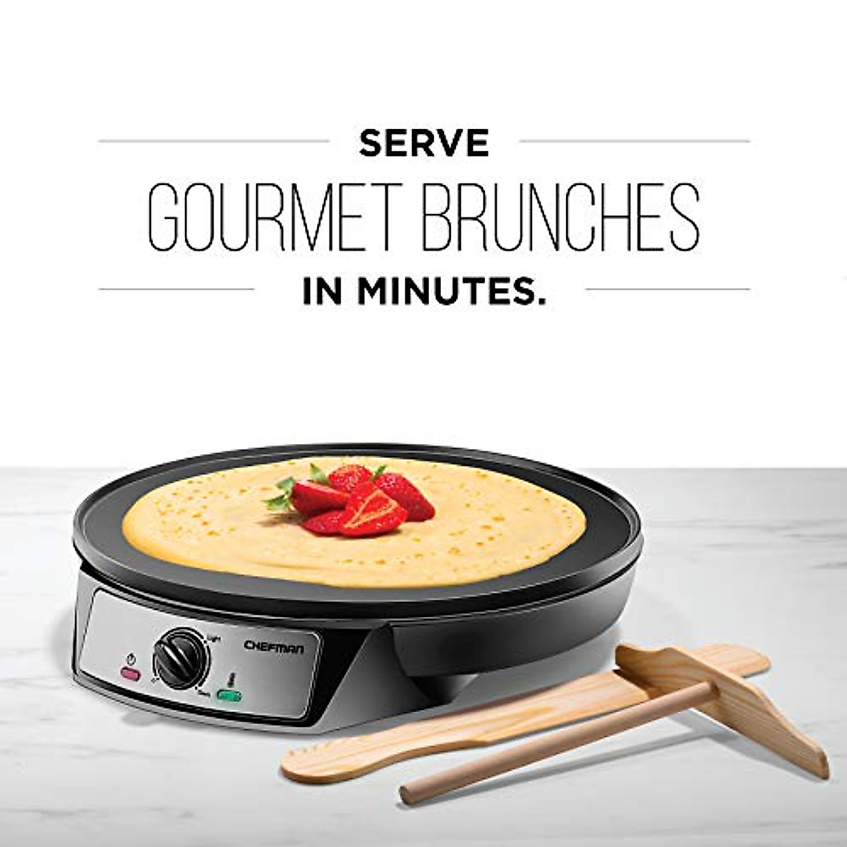 Chefman Electric Crepe Maker & Griddle, Precise Temperature Control Skillet for Perfect Brunch Blintzes, Pancakes, Eggs, Bacon, & Tortillas, 12" Nonstick Grill Pan, Includes Batter Spreader & Spatula