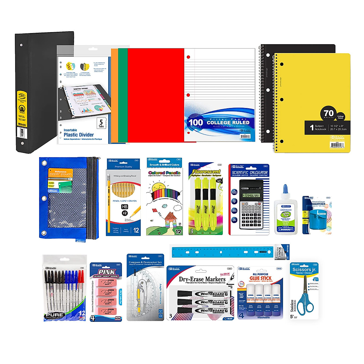 BAZIC Elementary School Kit Supply Box 86 Count for Elementary Student 3-6 Grades, Composition Book Ruler, Color May Vary, 1-Pack