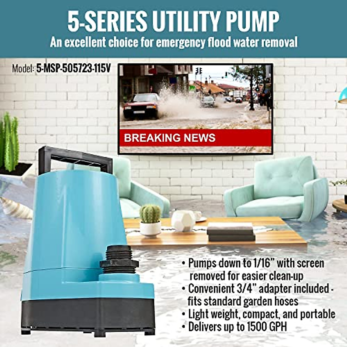 Little Giant 5-MSP 115-Volt, 1/6 HP, 1500 GPH Aluminum Manual Utility Pump, 10-Ft. Cord, Blue, 505723