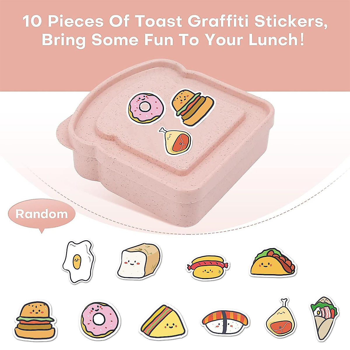 ATAMOW Sandwich Containers, 4 Pcs Sandwich Containers for Lunch Boxes with 10 Sheets Funny Graffiti Stickers, Sandwich Box with Lid, BPA Free, Microwave & Dishwasher Safe(Pink