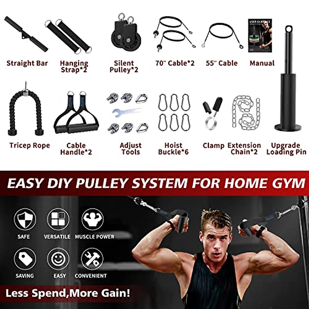 Concho Cable Pulley System Gym, Upgraded Weight Pulley System with 3 Detachable Handles, LAT and Lift Pulley Attachments for Biceps Curl, Triceps, Chest Workout - DIY Home Gym Fitness Equipment