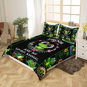 Castle Fairy Cute Frog Duvet Cover Queen Size Frog Lovers Comforter Cover with 2 Pillowcase for Teens Adults Kids Green Frog Bedding Set Animals Grid Breathable 3 Pieces Decorative Bed Cover