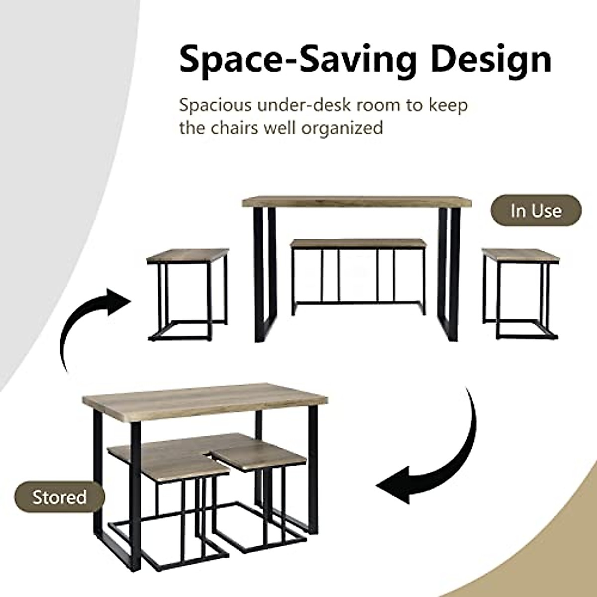 COSTWAY 4 Piece Dining Table Set, Modern Counter Height Kitchen Table Set for 4 w/Bench & 2 Stools, Sturdy Iron Structure, Space-Saving Dining Table and Chair Set for Home Pub Breakfast, Oak Grey