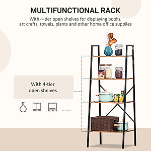 HOMCOM Industrial 4 Tier Ladder Shelf Bookshelf Vintage Storage Rack Plant Stand with Wood Metal Frame for Living Room Bathroom, Distressed Brown