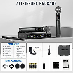 Phenyx Pro Wireless Microphone System, Metal Wireless Mic Set with Case,Handheld Cordless Dynamic Microphones for Singing, Karaoke, Church, DJ, 2x30 UHF Adjustable Frequencies,200ft Range (PTU-52-2H)