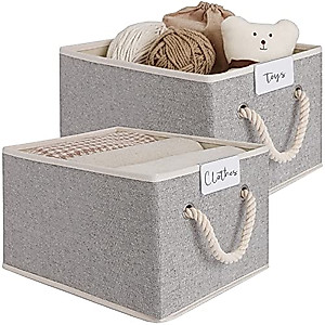 LoforHoney Home Fabric Storage Baskets for Shelves, Foldable Storage Baskets for Organizing, Closet Organizer Bins with Cotton Rope Handles, Canvas Storage Bins for Clothes, Large, Light Gray, 2-Pack