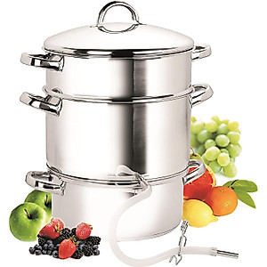 Cook N Home Basics Canning Juice Steamer Extractor With water/cooking pan, juice pan, strainer/loading pan, lid, and hose with clamp , 11-Quart, Mirror Satin, Stainless Steel