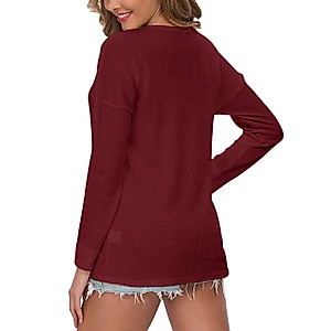 WNEEDU Women's Waffle Knit Tunic Tops Loose Long Sleeve Button Up V Neck Henley Shirts,Jujube Red XL