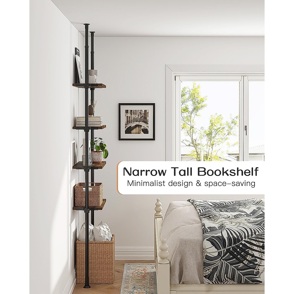 ALLZONE Adjustable Tall Narrow Bookshelf for Bedroom,4-Tier Ladder Bookshelf for Small Spaces,Tension Mount Small Book Shelf and Tall Bookcases, 64 to 113Inch Height Skinny Bookshelf with Open Storage
