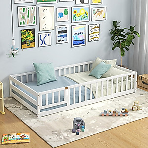 Giantex Twin Floor Bed with Door & Fence, Kids Wood Montessori Bed with Safety Guardrails, Floor Bed Frame for Kids, Boys, Girls, No Box Spring Needed, Floor Bed Twin (White)