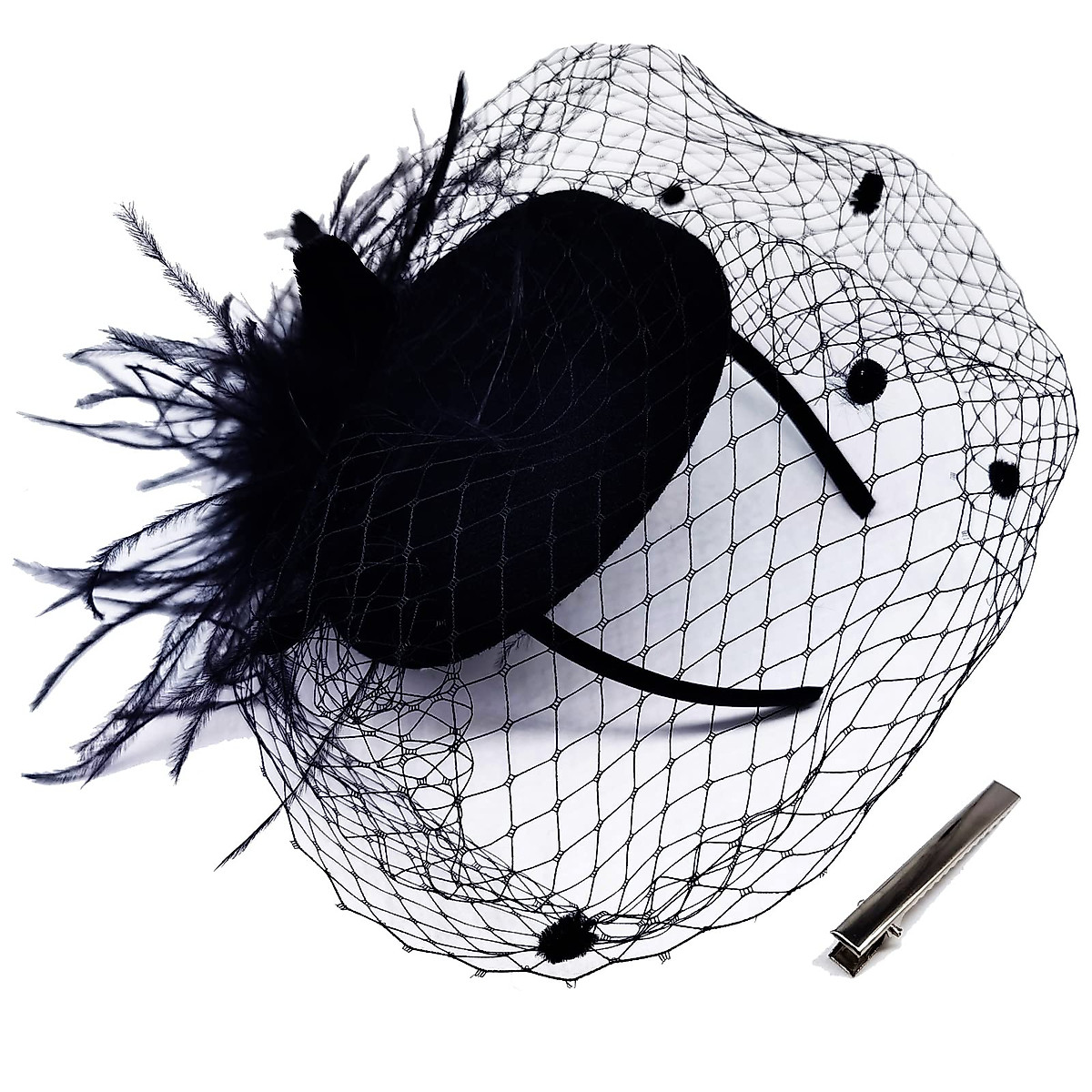 Diwlolido Fascinators Hats Pillbox Hat Cocktail Tea Party Feather Hair Clip Wedding Headwear with Veil for Women and Girls (Feather Black Set)
