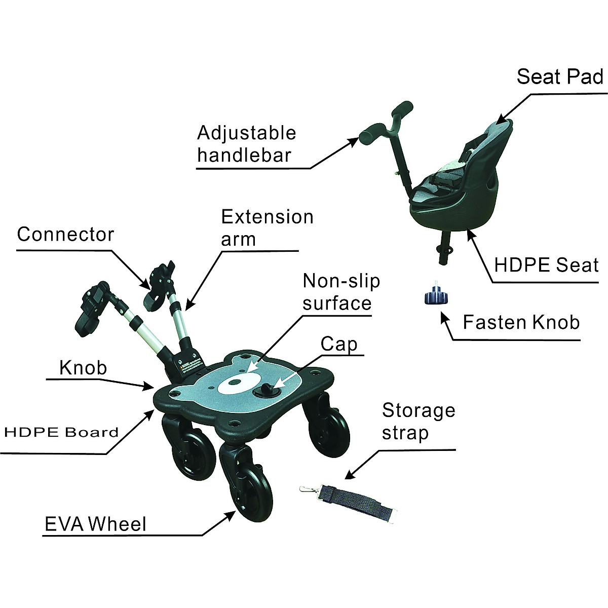 Englacha 2-in-1 Cozy 4-Wheel Rider, Black - Child Rider Stroller Attachment with Saddle Seat and Standing Platform - Universal Fit for Most Prams - Quick and Easy to Use - Designed for Safety