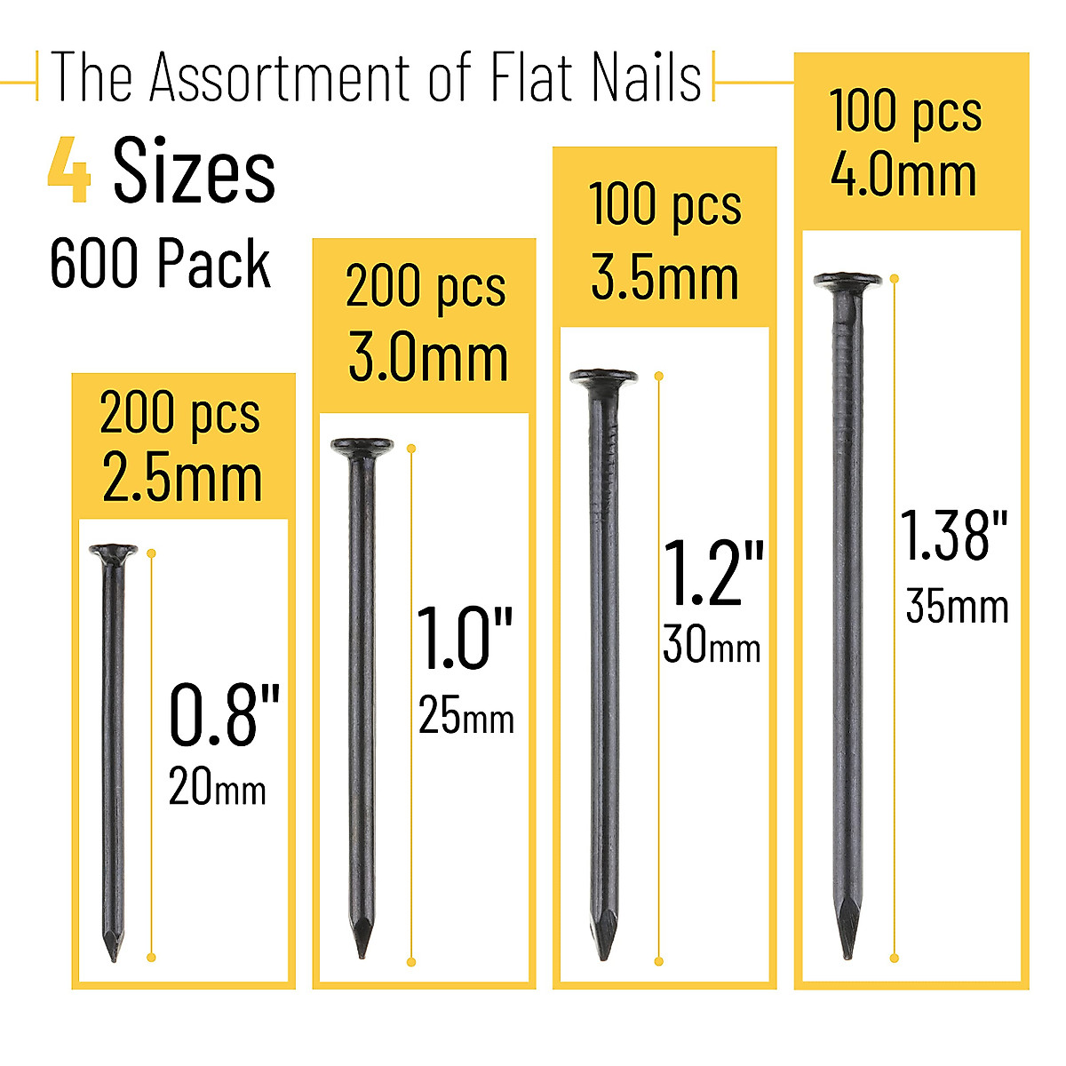 Mr. Pen- Nail Assortment Kit, 600 Pcs, 4 Sizes, Black, Small Nails, Nails for Hanging Pictures, Finishing Nails, Wall Nails for Hanging, Pin Nails, Hardware Nails, Assorted Nails, Galvanized Nails.