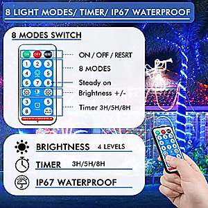 ICRGB Solar Rope Lights, 66FT 200 LED Outdoor String Lights, Blue Fairy Lights with Remote, 8 Modes, Timing Function, IP67 Waterproof, Outdoor Garden Patio Decorative,for Christmas Wedding Party