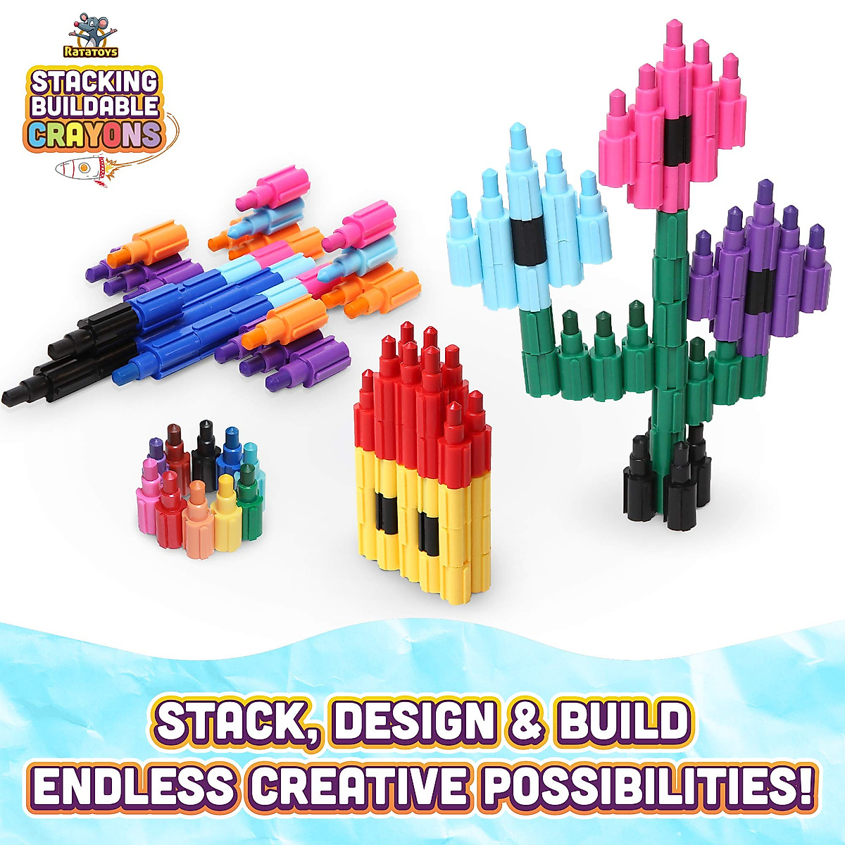 Ratatoys Stacking Crayons, 15 pc Set, Buildable and Stackable for Drawing, Coloring, or Arts and Crafts, Large Preschool Friendly Connect Pieces, Party Favor and Classroom Fun