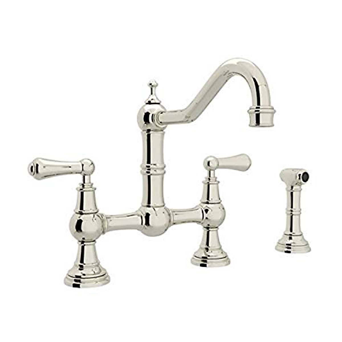 Rohl U.4756L-PN-2 Perrin and Rowe Provence Lever Handle Bridge Kitchen Faucet with Sidespray Rinse in Polished Nickel