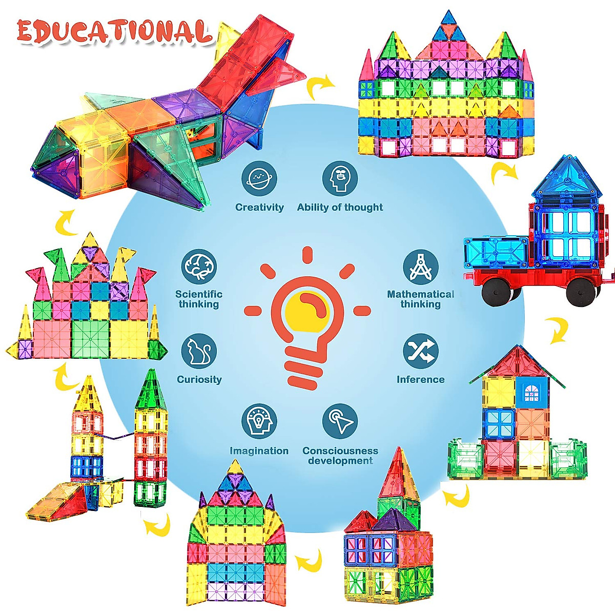 Magnetic Building Tiles, 78pcs Colorful 3D Transparent Magnet Building Blocks Set, Educational Toy Gift for Kids Boys Girls (78PCS)