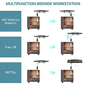 dnbss LED Nightstand with Charger Station, Swivel Top Bedside Table with Wheels, Smart Night Stand with Laptop Table Workstation for Bedroom, Modern End Side Table (Brown)