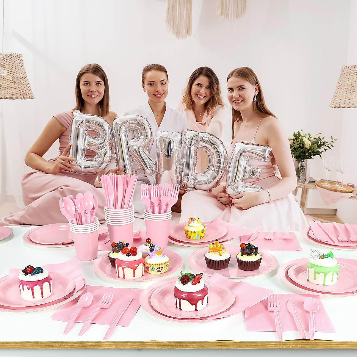 WNINK 168PCS Light Pink Paper Plates and Napkins,Pink Disposable Plates Set with Pink Utensils,Pink Party Decorations for Baby Shower Gender Reveal Women Birthday Party Supplies Serve 24 Guests