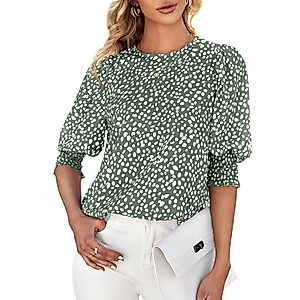 Teurkia Women's Casual Crewneck Tops 3/4 Sleeve Blouses Loose T Shirts Army Green