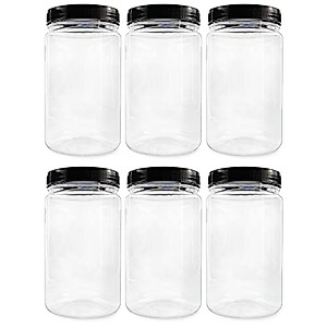 Cornucopia 32oz Clear Plastic Jars with Black Ribbed Lids (6 pack): BPA Free PET Quart Size Canisters for Kitchen & Household Storage
