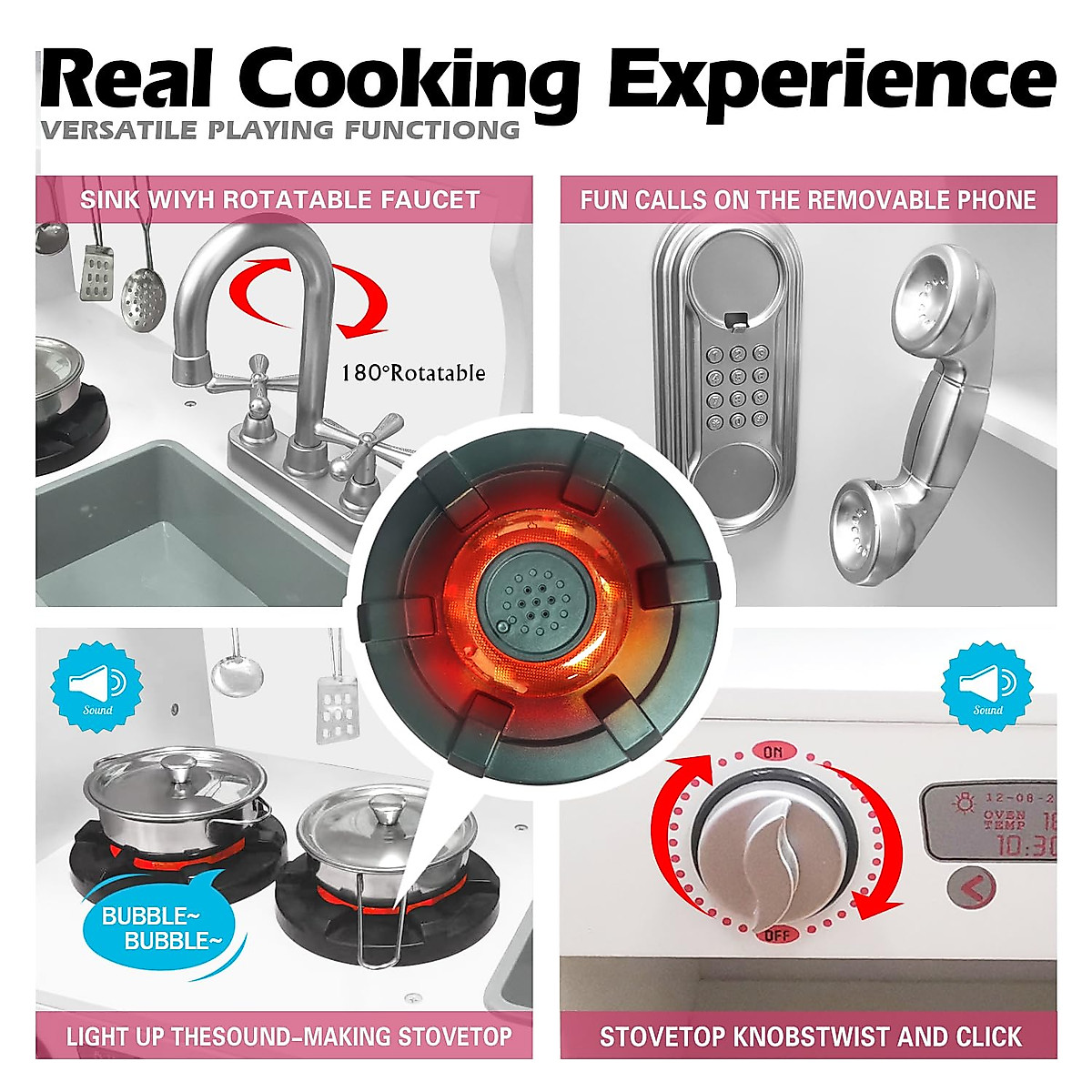 TaoHFE LED Upgrade Kitchen Set for Kids Wooden Play Kitchen LED Gas Tray with Sound Toy Kitchen Sets for Girls Gift Enjoy Cooking with Lights and Sounds White Kitchen for Toddlers Kids Kitchen Playset