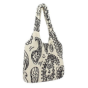 ZLM BAG US Plush Shoulder Handbag Retro Ethnic Style fluffy Tote Handbag Large faux Lamb Wool Shopping Bag