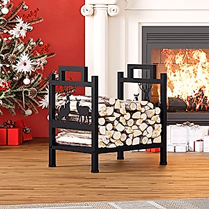 DAWNSPACES Firewood Rack 17", Outdoor Wood Holders with Handles, Indoor Heavy Duty Log Storage Rack with Elk Pattern, Metal Wood Pile Storage Stacker Organizer for Fireplace, Patio, Fire Pit