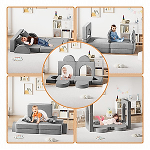 Neoriver Kids Couch, 12PCS Modular Kids Play Couch with 2 Pillows and Tunnel, Fold Out Toddler Couch for Playroom Bedroom, Creative Kids Sectional Foam Sofa for Boys and Girls, Grey