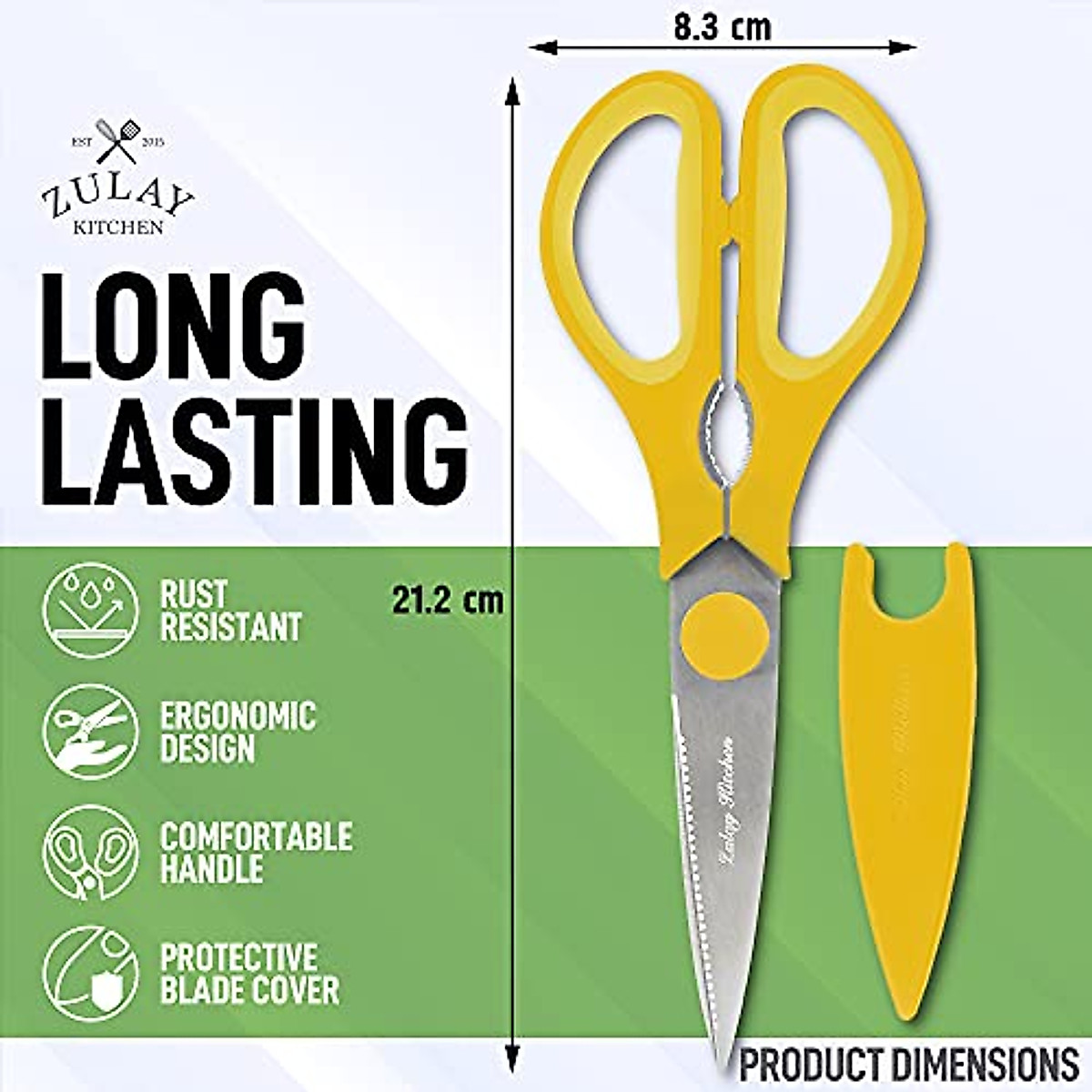 Zulay Kitchen Scissors Heavy Duty - Ultra Sharp Stainless Steel Kitchen Shears With Protective Cover - Multipurpose Food Scissors & Meat Scissors For Poultry, Fish, Herbs, & More (Yellow)
