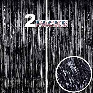 Black Fringe Party Backdrop -6.5x6.5ft, Pack of 2 | LILF Black Foil Fringe Curtain Black Backdrop for Party Birthday Photobooth Props Metallic Black Tinsel Streamers for Graduation Parties Decoration