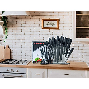 KNIFAST Knife Set Stainless Steel 18 Pieces with Block Dishwasher Safe, Kitchen Knives Set Chef Knife Set with Knife Sharpener, 6 Steak Knives with Peeler Scissors Cheese Pizza Knife and Acrylic Stand