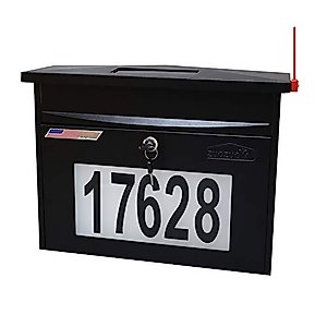 Black Wall Mount Locking Mailbox - Solar House Numbers Light Large Capacity Illuminated at Night - Waterproof Iron Mental Address Numbers Mail Box Outdoor with Keys