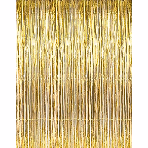 GOER 3.2 ft x 9.8 ft Metallic Tinsel Foil Fringe Curtains Party Photo Backdrop Party Streamers for Birthday,Graduation,New Year Eve Decorations Wedding Decor (1, Shiny Gold)