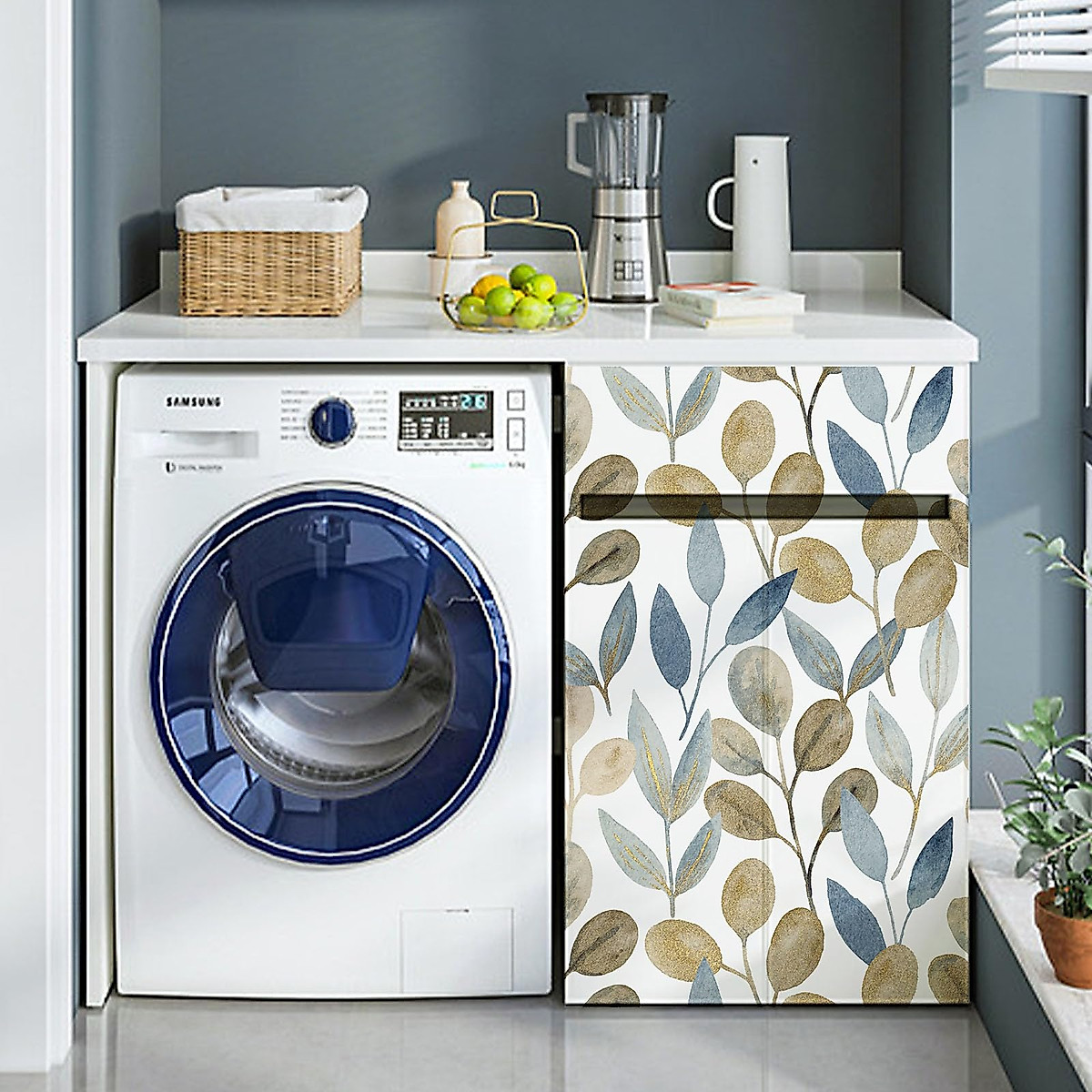 BaoHArtHome Gold Leaf Floral Wallpaper Peel and Stick Wallpaper Blue Contact Paper Removable Vinyl Boho Watercolor Vintage Wall Paper Renter Friendly for Bedroom Wall Mural 17.7in x 6.6ft