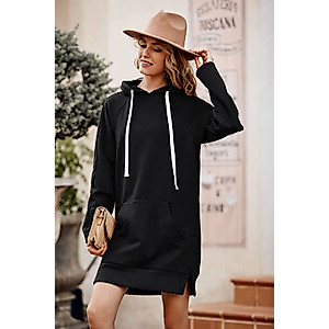 PRETTYGARDEN Women's Casual Pullover Sweatshirt Long Sleeve Split Hem Hoodie Dress with Kangaroo Pocket (Black,X-Large)