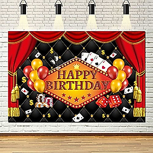 MEETSIOY Casino Birthday Backdrop Red Curtain Gold Tassel Photo Booth Card Chip Banner Decorated with Alaskan Party Photo Supplies 5x3ft RBJGJMT151