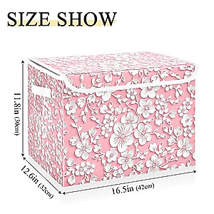 Kigai Storage Basket Pink Flower Storage Boxes with Lids and Handle, Large Storage Cube Bin Collapsible for Shelves Closet Bedroom Living Room, 16.5x12.6x11.8 In