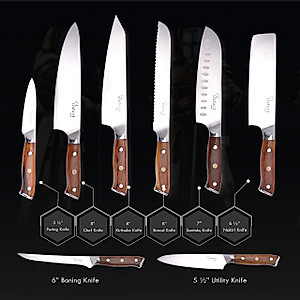 Kitchen Knife Set With Block: 8 Piece German 1.4116 High-Carbon Stainless Steel Knives - Full-Tang, Ergonomic Sandalwood Handles W/Stylishly Designed Acacia Wood Knife Block by Oxford Chef