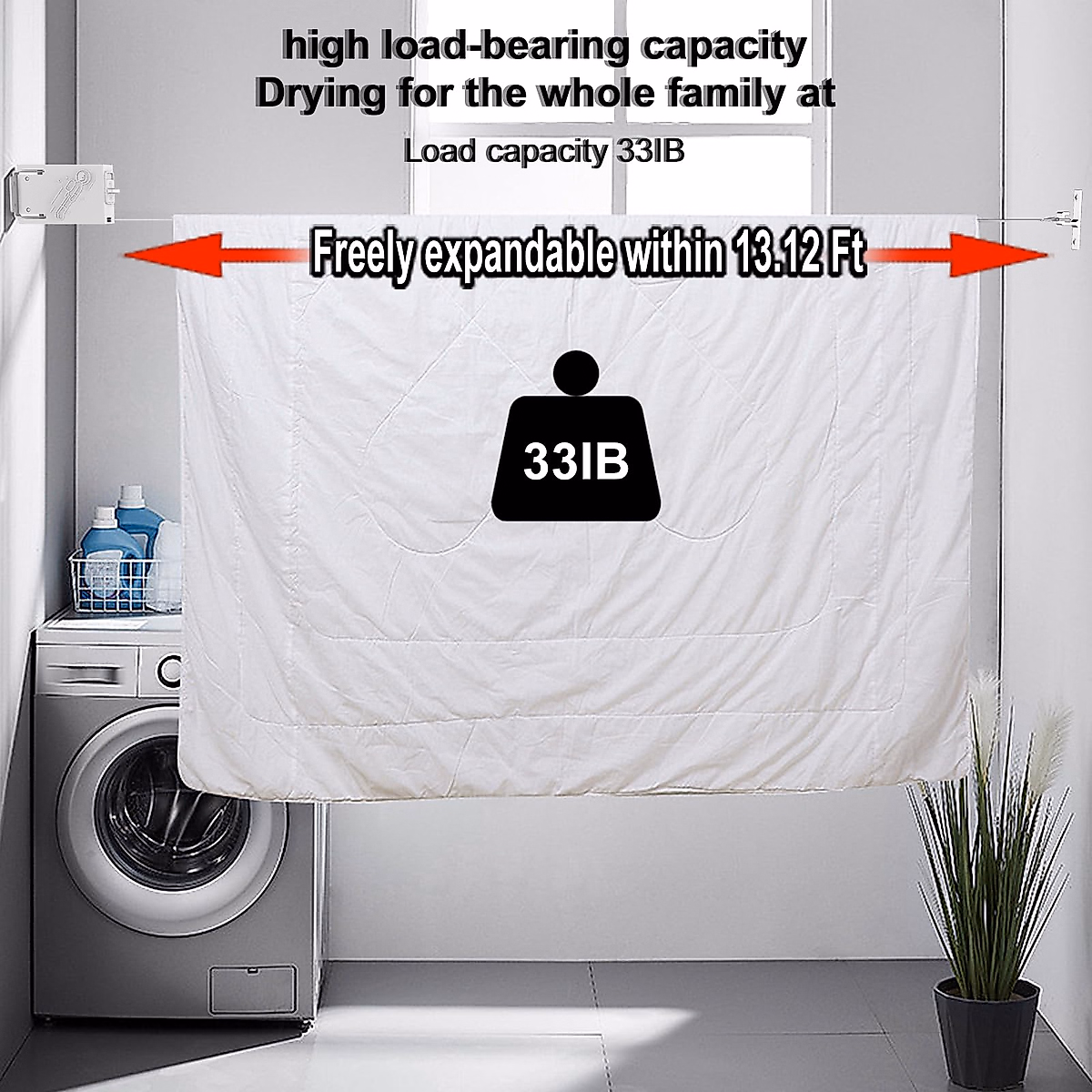 Tekeviss Retractable Clothesline,Portable Heavy Duty Indoor and Outdoor,13.12 Ft Composite TPU Material with 34 Windproof Hanging Holes Prevents Clothes from Gathering and Sagging,Easy to Install