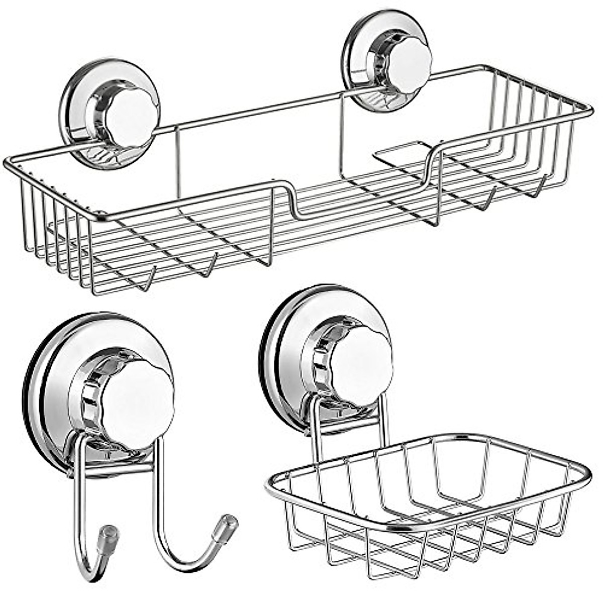 SANNO Vacumn Suction cups Shower Caddy Soap Dish Double Bath Hook-Bath Organizer Kitchen Storage Basket for Shampoo, Conditioner, Soap- Anti Rust stainless steel (set of 3)