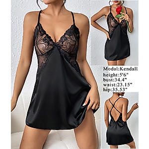 Avidlove Women Lingerie V Neck Nightwear Satin Sleepwear Lace Chemise Mini Teddy Black, Medium