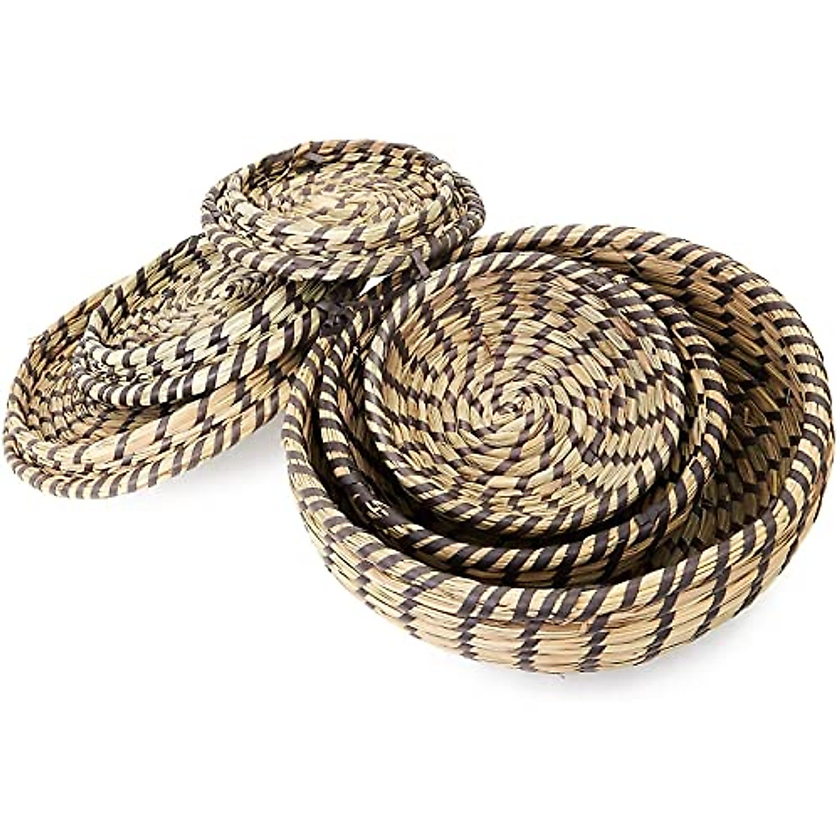 Decorative Seagrass Storage Baskets for Organizing, Round Woven Baskets in 3 Sizes with Lids (3 Piece Set)