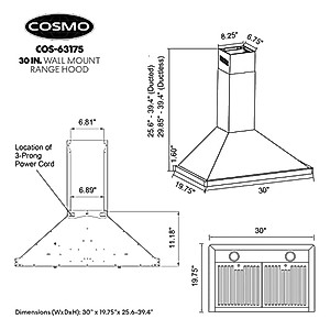 COSMO COS-63175 30 in. Vista Collection 380 CFM Ducted Wall Mount Range Hood, Button Controls, LED Lights, Stainless Steel