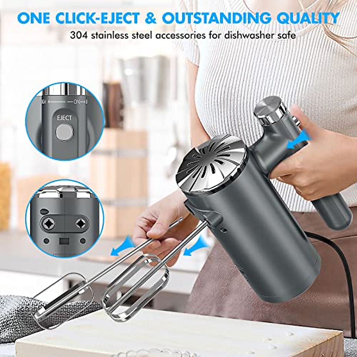 Hand Mixer Electric, Mixer Electric Continuously Variable Speed Control Mixers Kitchen Handheld, Eject Button / 5 Stainless Steel Accessories/Turbo Boost/Self-Control Speed for Baking Cake Egg Cream Food Beater